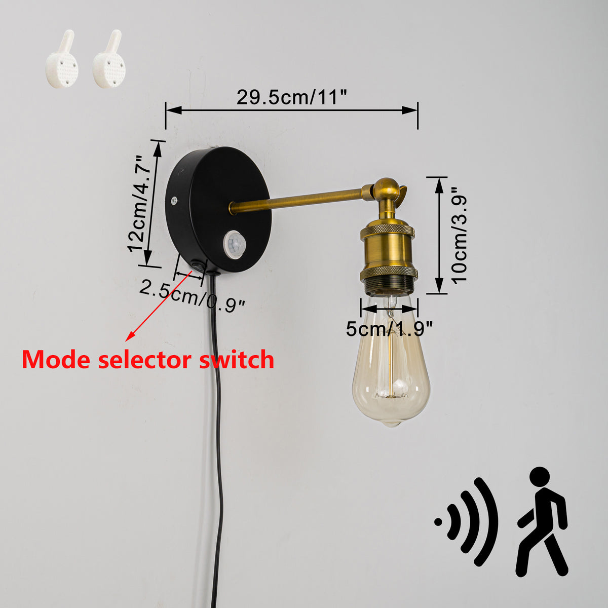 Motion Sensor Light Adjustable Angle Corded Vintage Design Wall Light ...