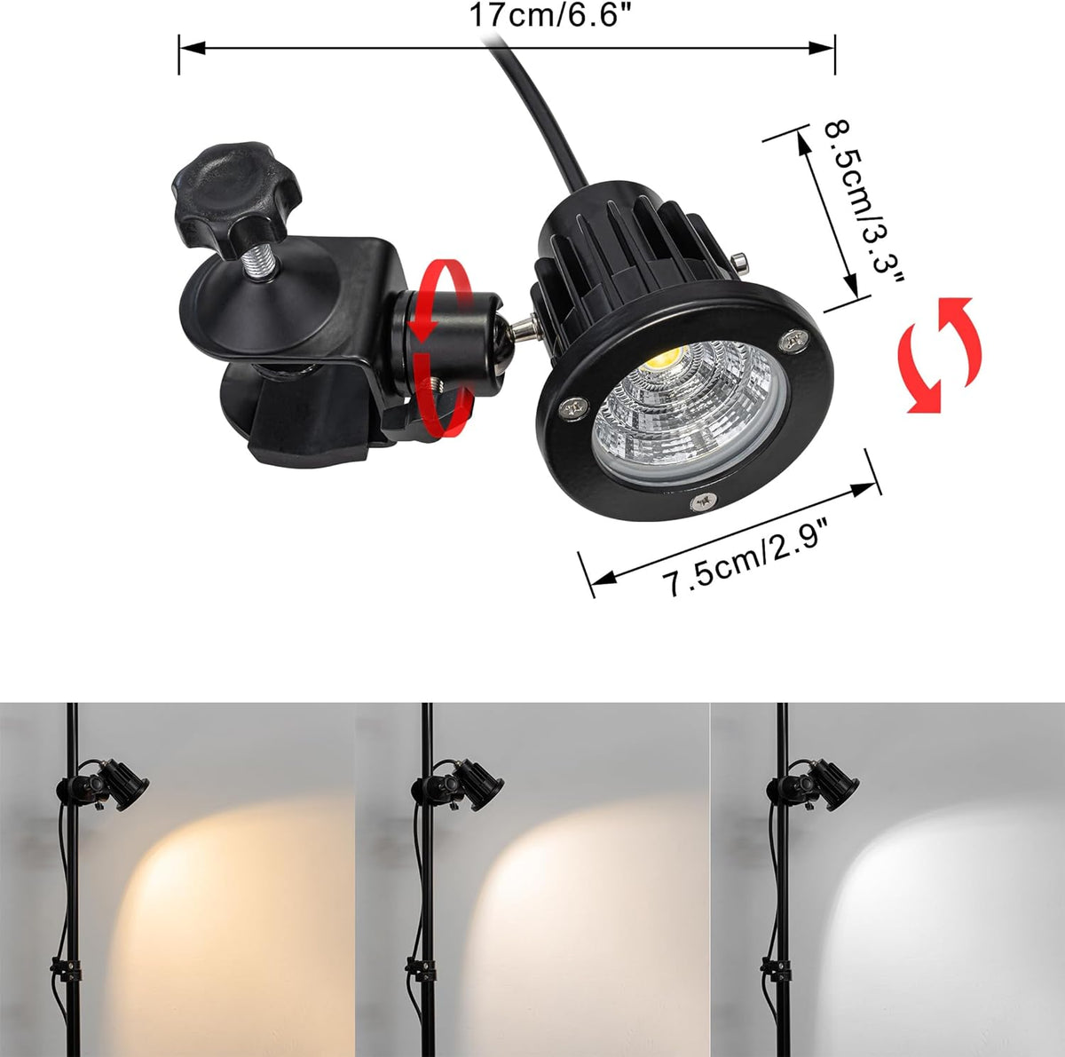 Vertical Round Pipe Clip-On Spotlight 7W Dimmable Adjustable Rotated ...