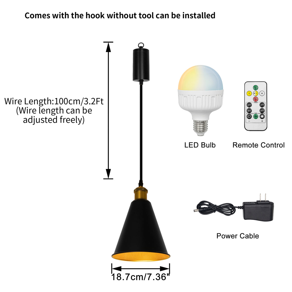 Rechargeable Battery Adjustable Cord Cordless Pendant Light Black Meta ...
